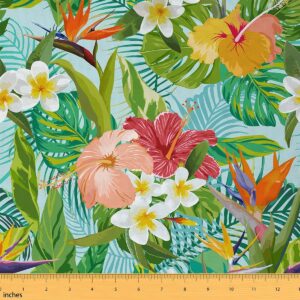 palm tree fabric by the yard, floral leaves upholstery fabric, hawaiian tropical botanical decorative fabric, exotic flower indoor outdoor fabric, diy art waterproof fabric, green red, 1 yard