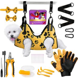 macosiness pet grooming hammock for nail trimming - complete groomers helper set for pet - dog grooming hammock with hook - cat nail clipper - dog hammock for nail clipping (s, gold with black paws)