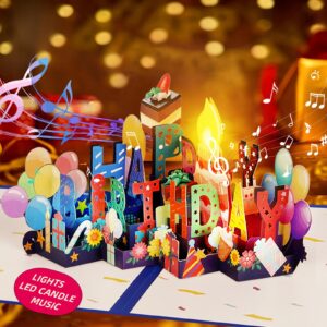 bluedex birthday card, 3d lights and music pop up birthday card, with blowable led candle and colorful breathing lights, birthday cards for women men husband wife kids mom dad