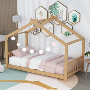 harper & bright designs twin house bed for kids, floor bed frame twin with headboard and footboard, wooden twin kids bed montessori floor bed for toddlers, girls, boys,natural