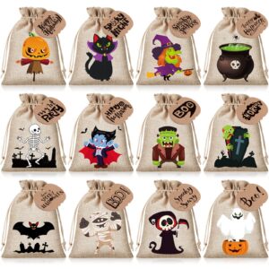 24 pcs halloween burlap treat bags with pumpkin cards and drawstring 7 x 5 inch halloween linen jute bag trick or treat burlap candy bag halloween candy pouches for halloween party favor (funny style)