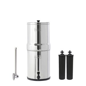 royal berkey gravity-fed water filter system with 2 black berkey elements plus deluxe 10" stainless steel berkey water view spigot