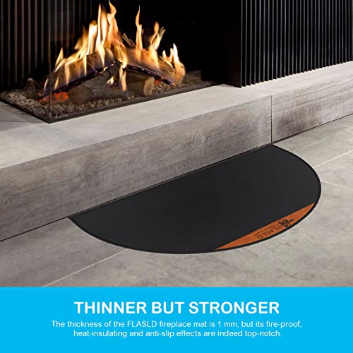 FLASLD Fireproof Fireplace Mat 28×48Inch Half Round Hearth Rug Protects Floors from Sparks Embers, Black with Brown Label