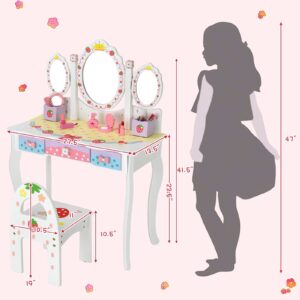 OLAKIDS Kids Vanity, 2 in 1 White Strawberry Wooden Dressing Table and Chair Set for Toddlers with Tri-Folding Mirror, Stool, Storage Drawers, Pretend Beauty Make Up Princess Play Set for Little Girls