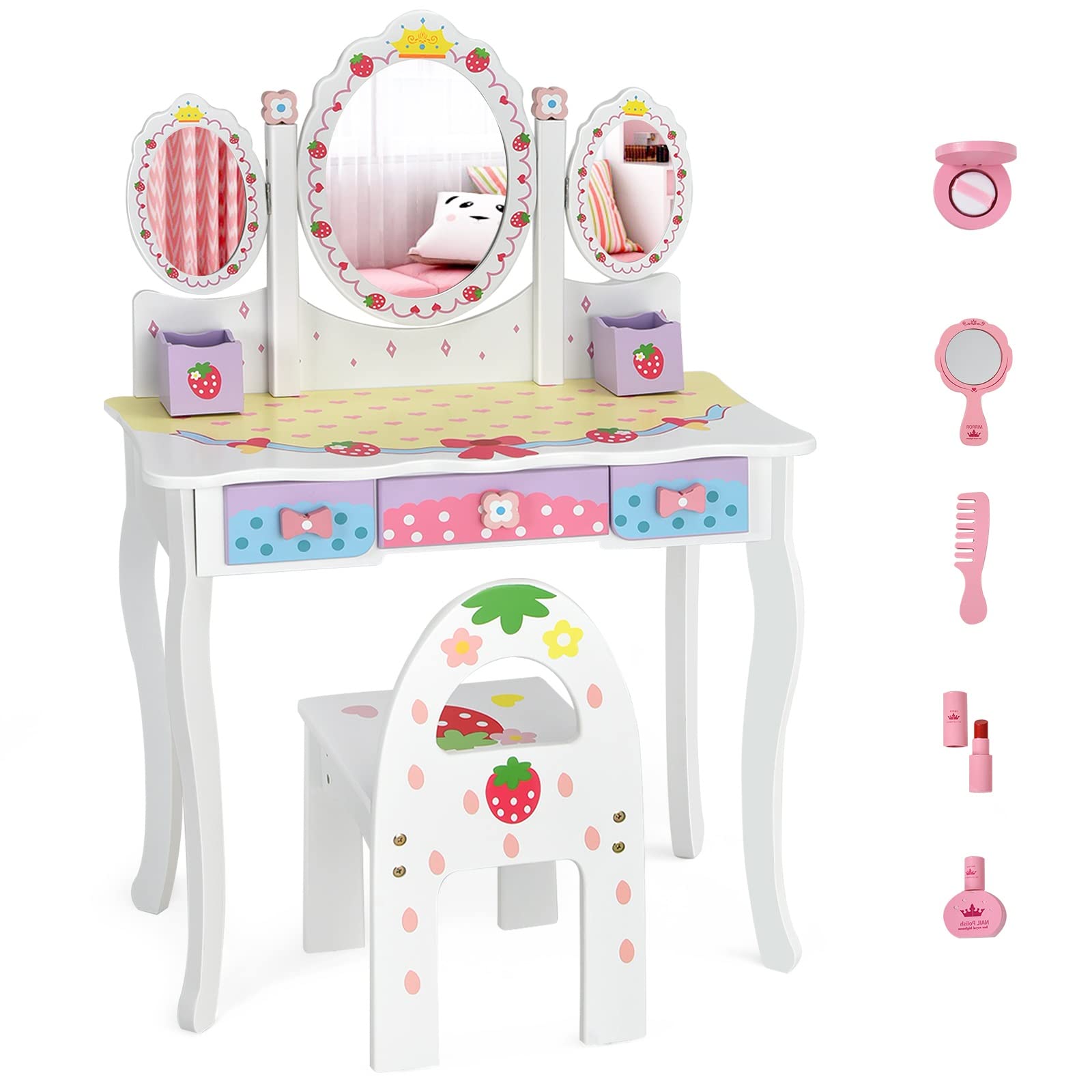 OLAKIDS Kids Vanity, 2 in 1 White Strawberry Wooden Dressing Table and Chair Set for Toddlers with Tri-Folding Mirror, Stool, Storage Drawers, Pretend Beauty Make Up Princess Play Set for Little Girls