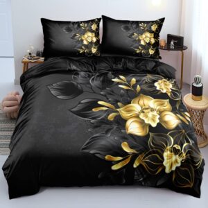 holiyjog gold flowers duvet cover set black color background comforter covers queen size boho bedroom bedding sets queen size