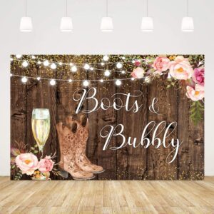 boots and bubbly bridal shower backdrop,rustic brown wood glitter rose pink flower golden champagne themed party decorations for wedding decor photo booth banner 5x3ft