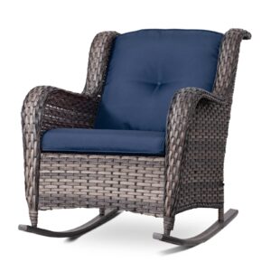 joyside outdoor wicker rocking chair all-weather patio yard furniture club rocker chair with cushion, blue