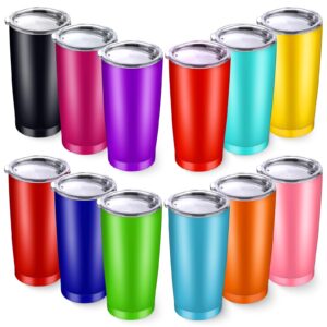 12 pieces 20 oz stainless steel tumbler bulk with lids, powder coated travel mug tumblers double wall vacuum insulated coffee tumbler cup for hot cold water drinks, 12 colors