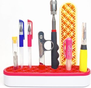 madam sew upright sewing tools caddy desktop organizer for craft and quilting supplies holds scissors, seam rippers and markers | tabletop sewing accessories storage organizer | red and yellow set