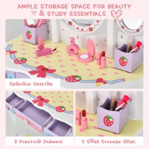 OLAKIDS Kids Vanity, 2 in 1 White Strawberry Wooden Dressing Table and Chair Set for Toddlers with Tri-Folding Mirror, Stool, Storage Drawers, Pretend Beauty Make Up Princess Play Set for Little Girls