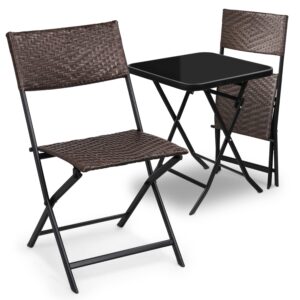 monibloom 3 piece patio bistro dining furniture set, 2 foldable chairs and round table w/tempered glass tabletop for lawn garden backyard