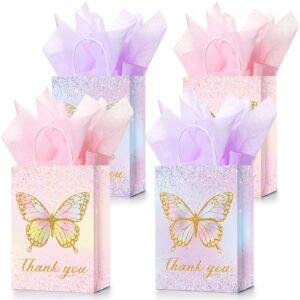 16 set butterfly party favors gift goodie bags with tissue paper, pink purple flowers treat candy bags small floral paper bags with handles for kids girl butterfly birthday party (glitter style)