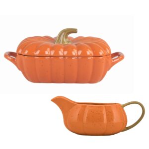 10 strawberry street pumpkin covered casserole dish & gravy boat, 7.75", orange