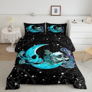 mushroom moon and skull bedding set queen size for kids teens men women adults,blue and black space stars comforter set for bedroom decor,trippy mushroom moon duvet insert,boho galaxy down comforter