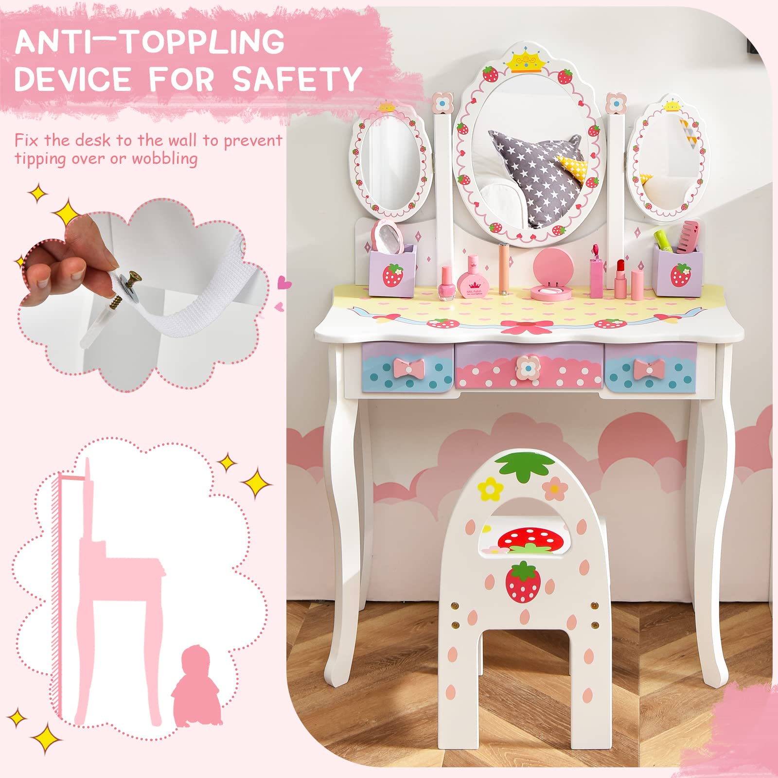 OLAKIDS Kids Vanity, 2 in 1 White Strawberry Wooden Dressing Table and Chair Set for Toddlers with Tri-Folding Mirror, Stool, Storage Drawers, Pretend Beauty Make Up Princess Play Set for Little Girls