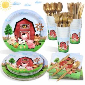 175 pcs watercolor farm birthday decorations plates set 25 guests, barnyard animals baby shower paper plates napkins cups cutlery set party supplies