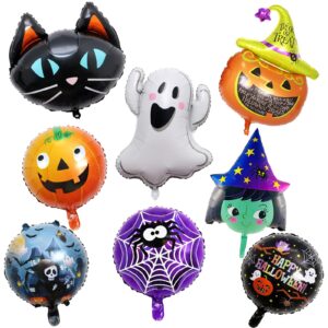 halloween foil balloons 8pcs large size mylar foil balloon set cute round pumpkin black cat spider web witch ghost for halloween party favor decoration, home decor supplies