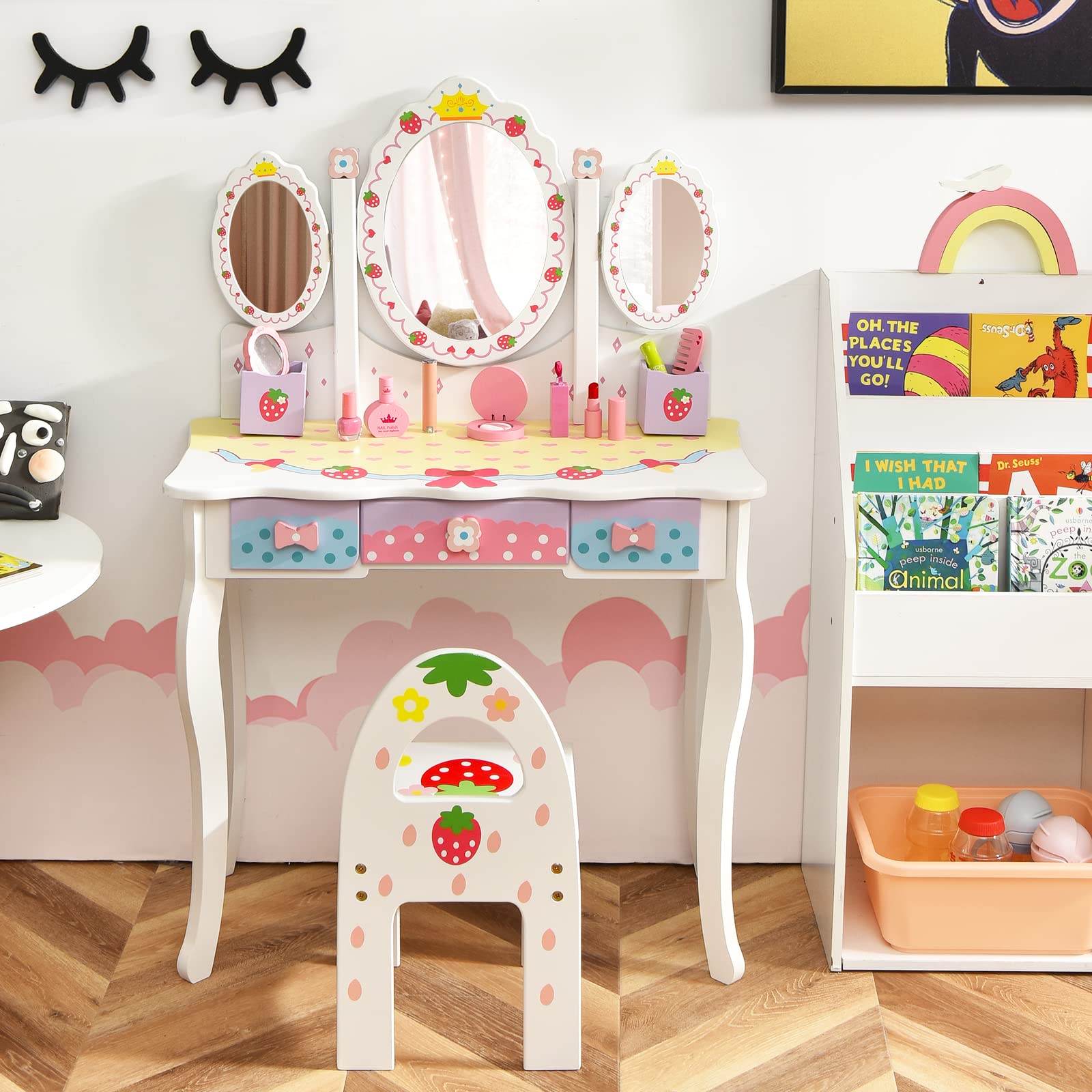 OLAKIDS Kids Vanity, 2 in 1 White Strawberry Wooden Dressing Table and Chair Set for Toddlers with Tri-Folding Mirror, Stool, Storage Drawers, Pretend Beauty Make Up Princess Play Set for Little Girls