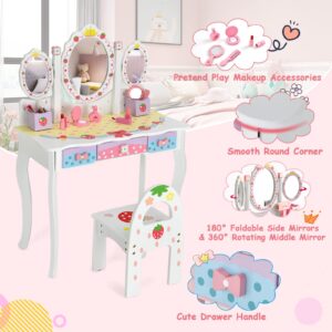 OLAKIDS Kids Vanity, 2 in 1 White Strawberry Wooden Dressing Table and Chair Set for Toddlers with Tri-Folding Mirror, Stool, Storage Drawers, Pretend Beauty Make Up Princess Play Set for Little Girls