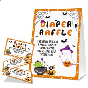 halloween diaper raffle game sign and card, halloween baby shower party game set, 1 sign with 50 raffle tickets –lk-013