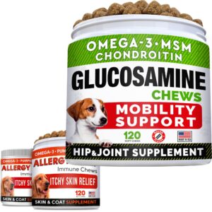 glucosamine treats + allergy relief dog bundle - joint supplement w/omega-3 fish oil + itchy skin relief - chondroitin, msm + pumpkin + enzymes + turmeric - skin & coat - 120+240 chews - made in usa