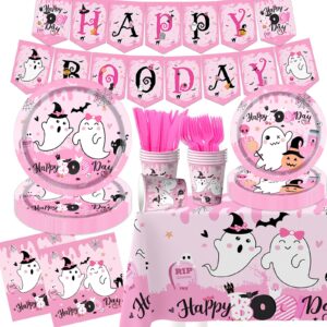 142pcs halloween party tableware decorations happy boo day tableware set pink halloween ghost party supplies halloween birthday tableware plates napkins cups banner for kids …