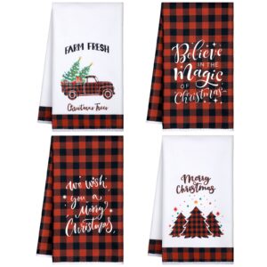 patelai 4 pcs christmas kitchen towels buffalo plaid dish hand towels 24 x 16 inch absorbent winter snowman tea towels housewarming gifts kitchen bathroom christmas decoration(red black,tree)