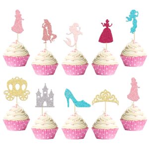 gyufise 36pcs princess cupcake toppers colorful glitter mermaid girl castle carriage high heel crown cupcake picks princess theme baby shower girls birthday party cake decorations supplies