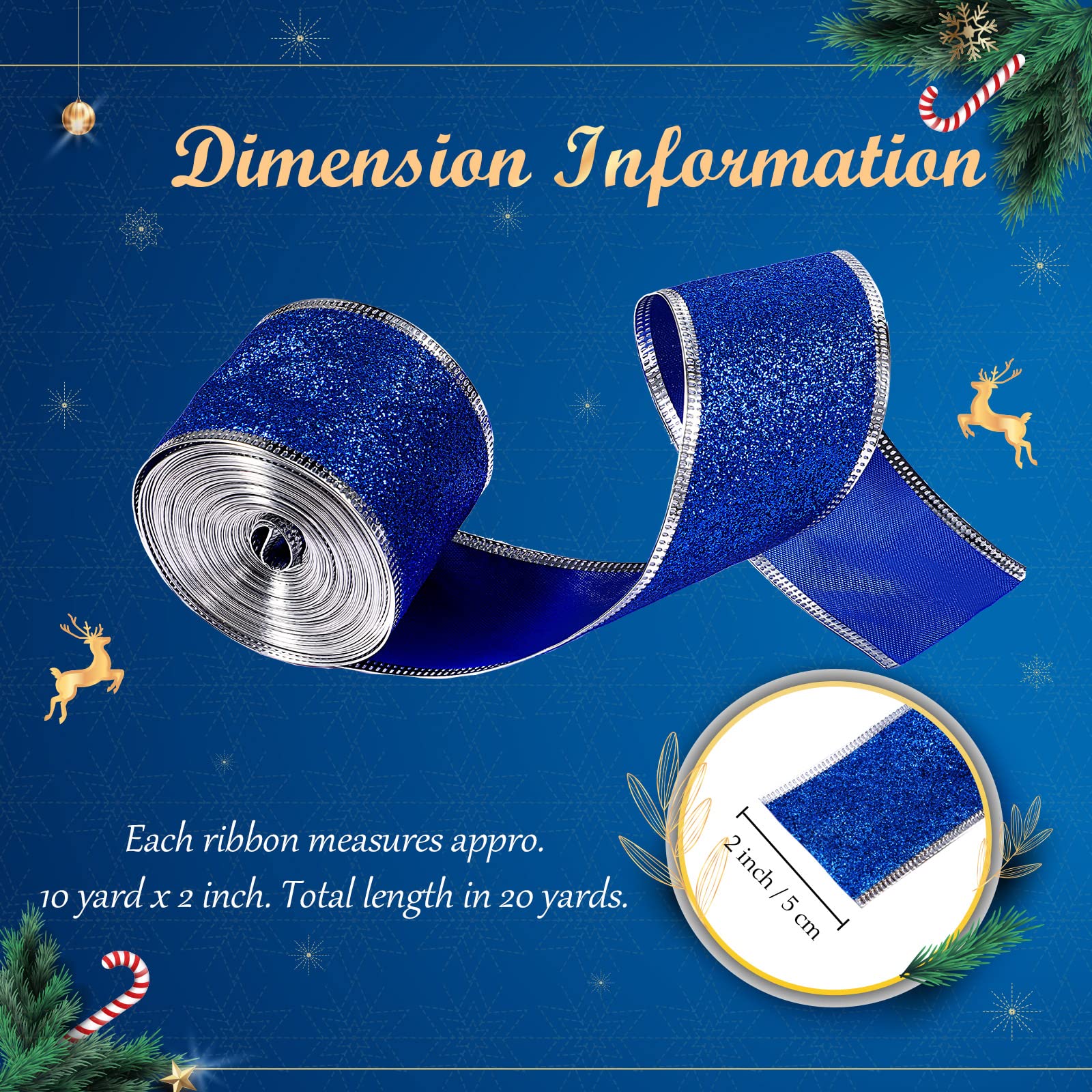 2 Rolls 20 Yards Christmas Wired Ribbons Blue Glitter Ribbon Metallic Wired Ribbon Craft Gift Wrapping Christmas Tree Ribbon for DIY Xmas Party Bows Decorations Supplies (Blue, 2 Inches)