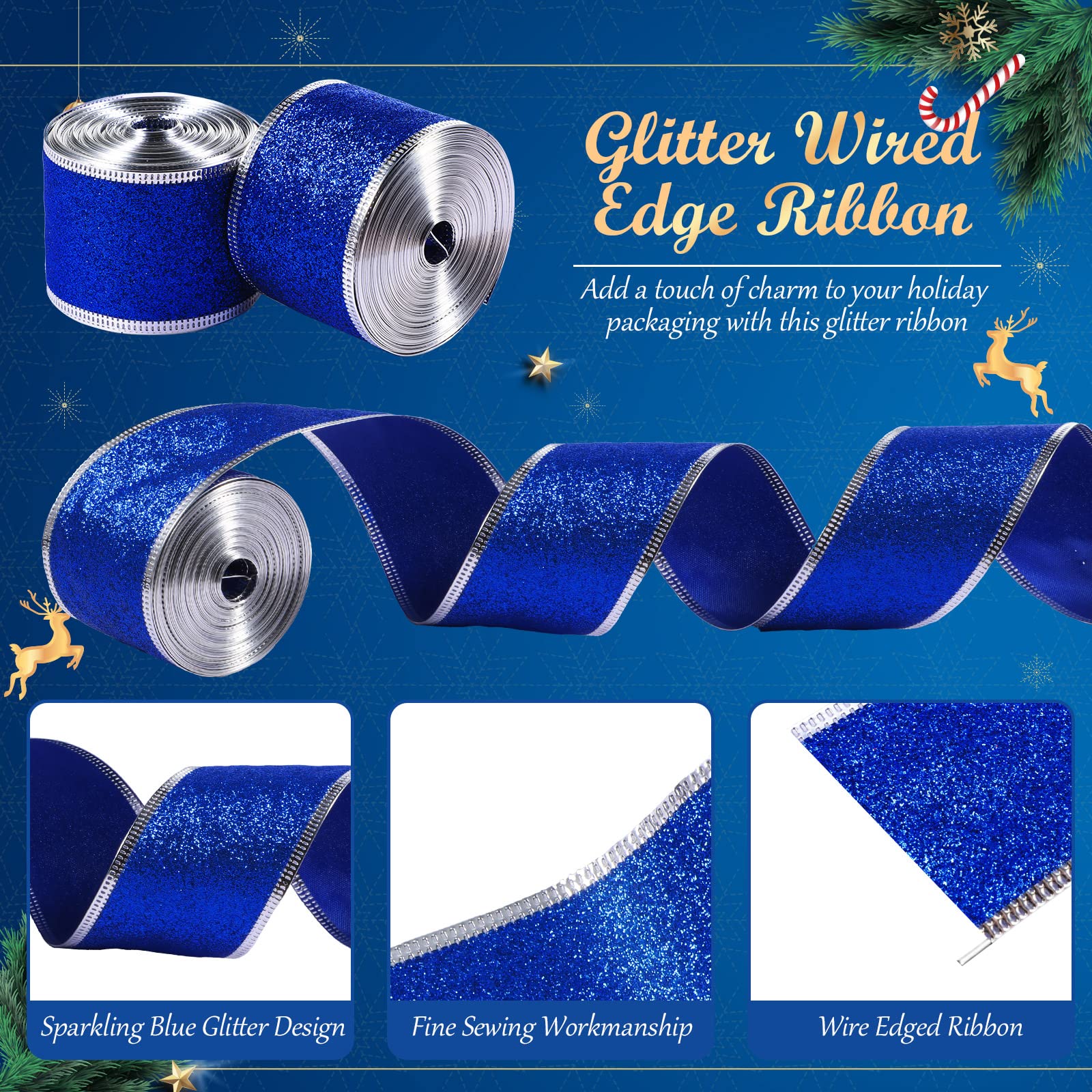 2 Rolls 20 Yards Christmas Wired Ribbons Blue Glitter Ribbon Metallic Wired Ribbon Craft Gift Wrapping Christmas Tree Ribbon for DIY Xmas Party Bows Decorations Supplies (Blue, 2 Inches)