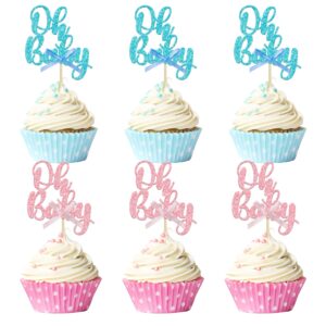 gyufise 36pcs oh baby cupcake toppers pink blue bow glitter baby shower gender reveal cupcake picks for boy or girl theme baby shower kids birthday party cake decorations supplies