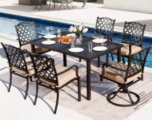 domi outdoor 7 pcs patio dining set, metal dining table, swivel and dining chairs conversation set with removable beige cushions for garden lawn yard