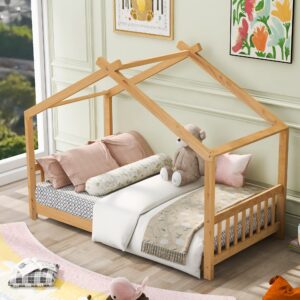 harper & bright designs toddlers house platform beds, solid wood twin size floor montessori bed with headboard & footboard, house cabin bed frame for kids, teens, girls, boys (natural)