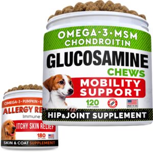 glucosamine treats + allergy relief dog bundle - joint supplement w/omega-3 fish oil + itchy skin relief - chondroitin, msm + pumpkin + enzymes + turmeric - skin & coat - 120+180 chews - made in usa