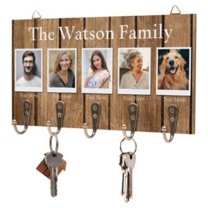 ussunarts personalized key holder custom 5 family photos and name key hanger for wall, housewarming gift, wall key rack, rustic wood plank look