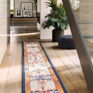 phantoscope hallway runner rug 2'x6' - boho washable non-slip kitchen rug runner, ultra-thin vintage distressed accent throw rug for entryway laundry bathroom bedroom, navy/orange