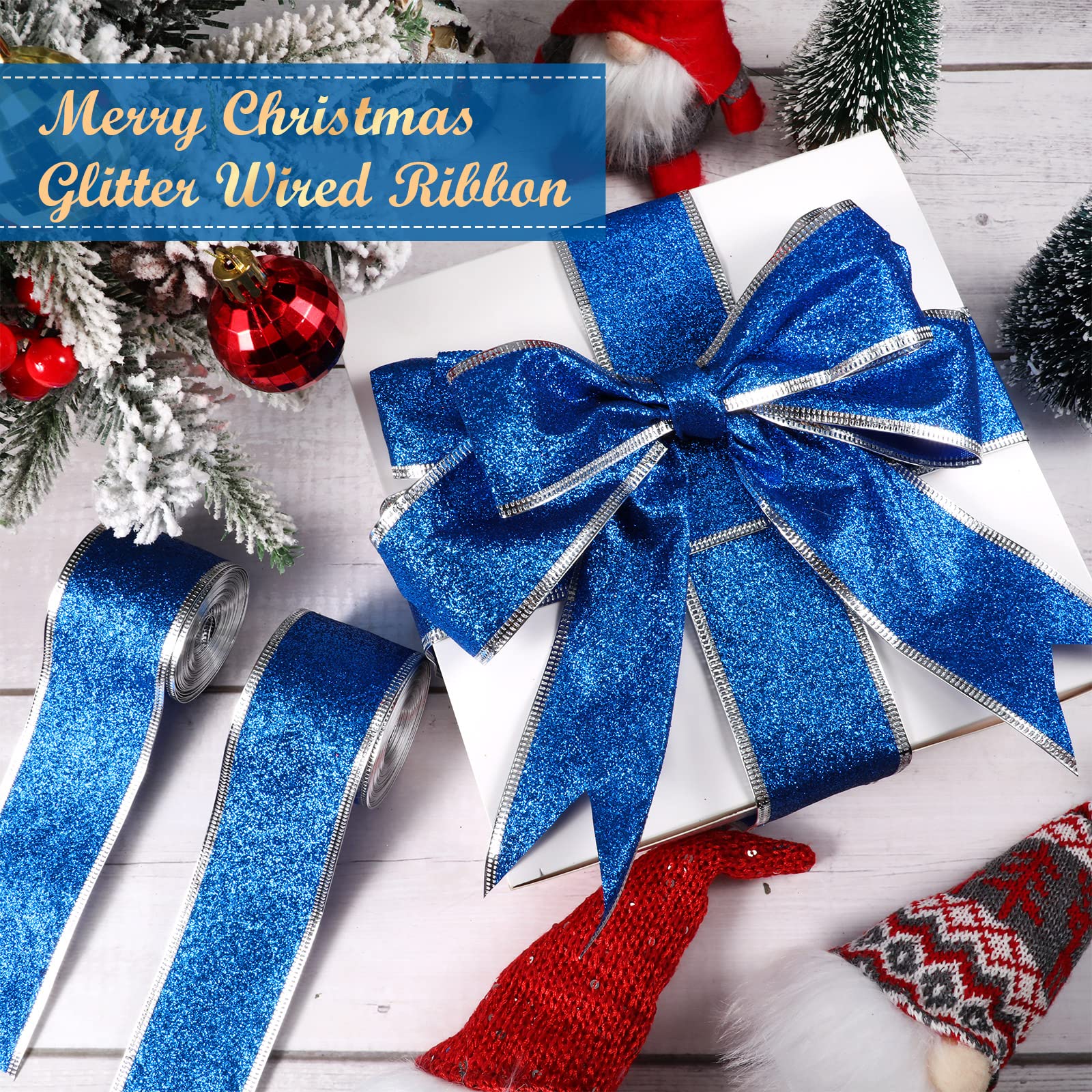 2 Rolls 20 Yards Christmas Wired Ribbons Blue Glitter Ribbon Metallic Wired Ribbon Craft Gift Wrapping Christmas Tree Ribbon for DIY Xmas Party Bows Decorations Supplies (Blue, 2 Inches)