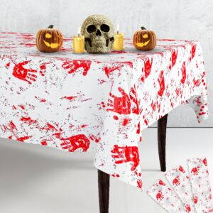 katchon, bloody table cloth halloween - pack of 3, large 54x72 inch | halloween tablecloth plastic, zombie red bloody handprint tablecloth | halloween table cover for halloween table decorations