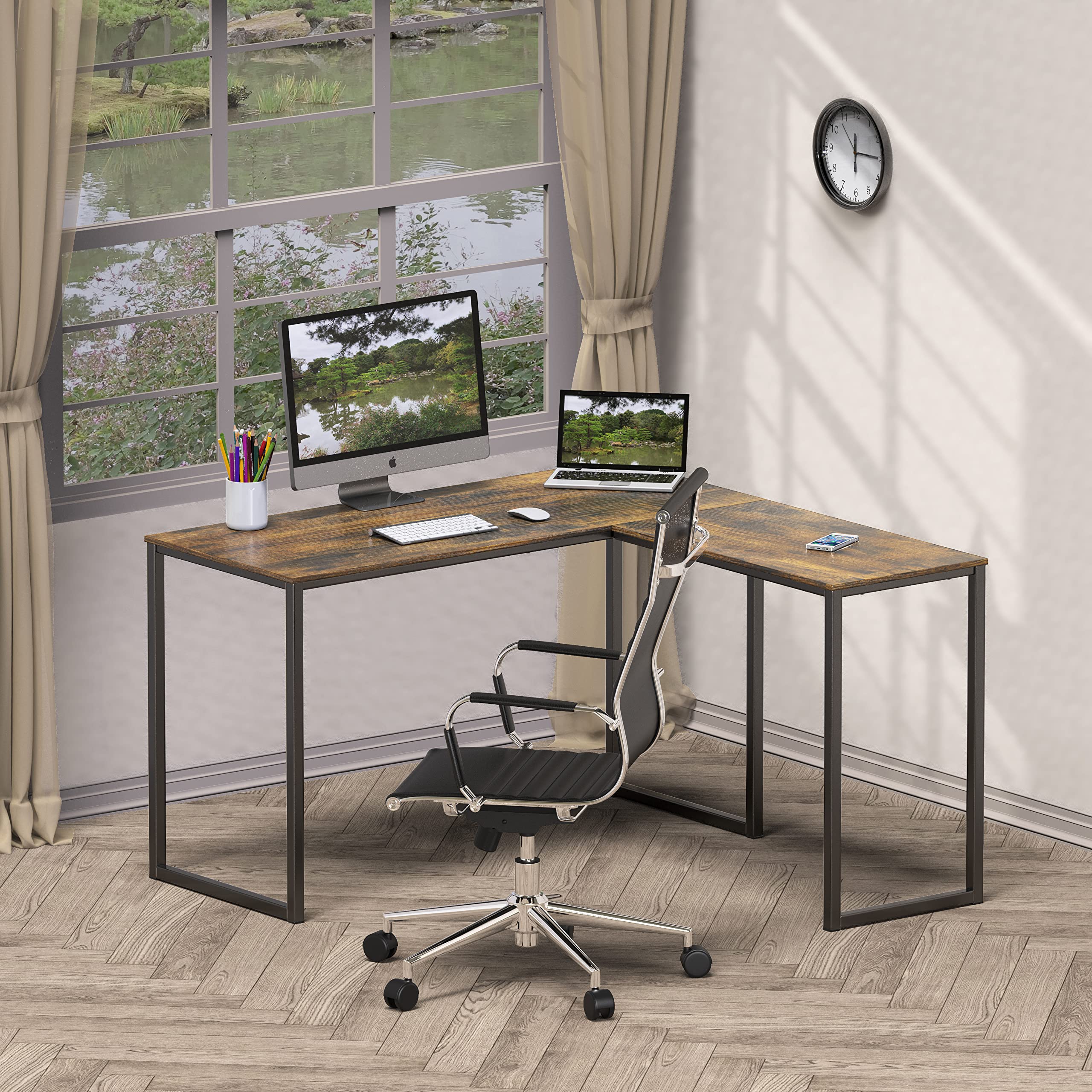 SHW 48-Inch Mission L-Shaped Home Computer Desk, Rustic Brown