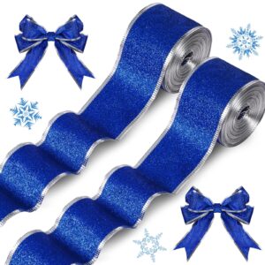 2 rolls 20 yards christmas wired ribbons blue glitter ribbon metallic wired ribbon craft gift wrapping christmas tree ribbon for diy xmas party bows decorations supplies (blue, 2 inches)