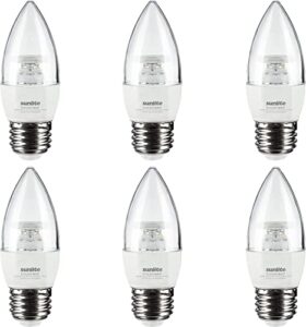 sunlite led b13 torpedo decorative chandelier light bulb, 7 watts (60w=), 500 lumens, 120 volts, dimmable, e26 base, energy star, 90 cri, etl listed, torpedo clear, title-20, 2700k soft white, 6 pack