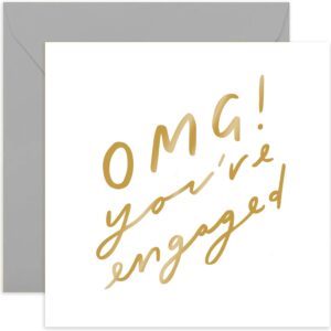 old english co. omg engaged card - cute and fun gold foil greeting for her and him | engagement card for happy couple, bride and groom, mr and mrs | blank inside & envelope included