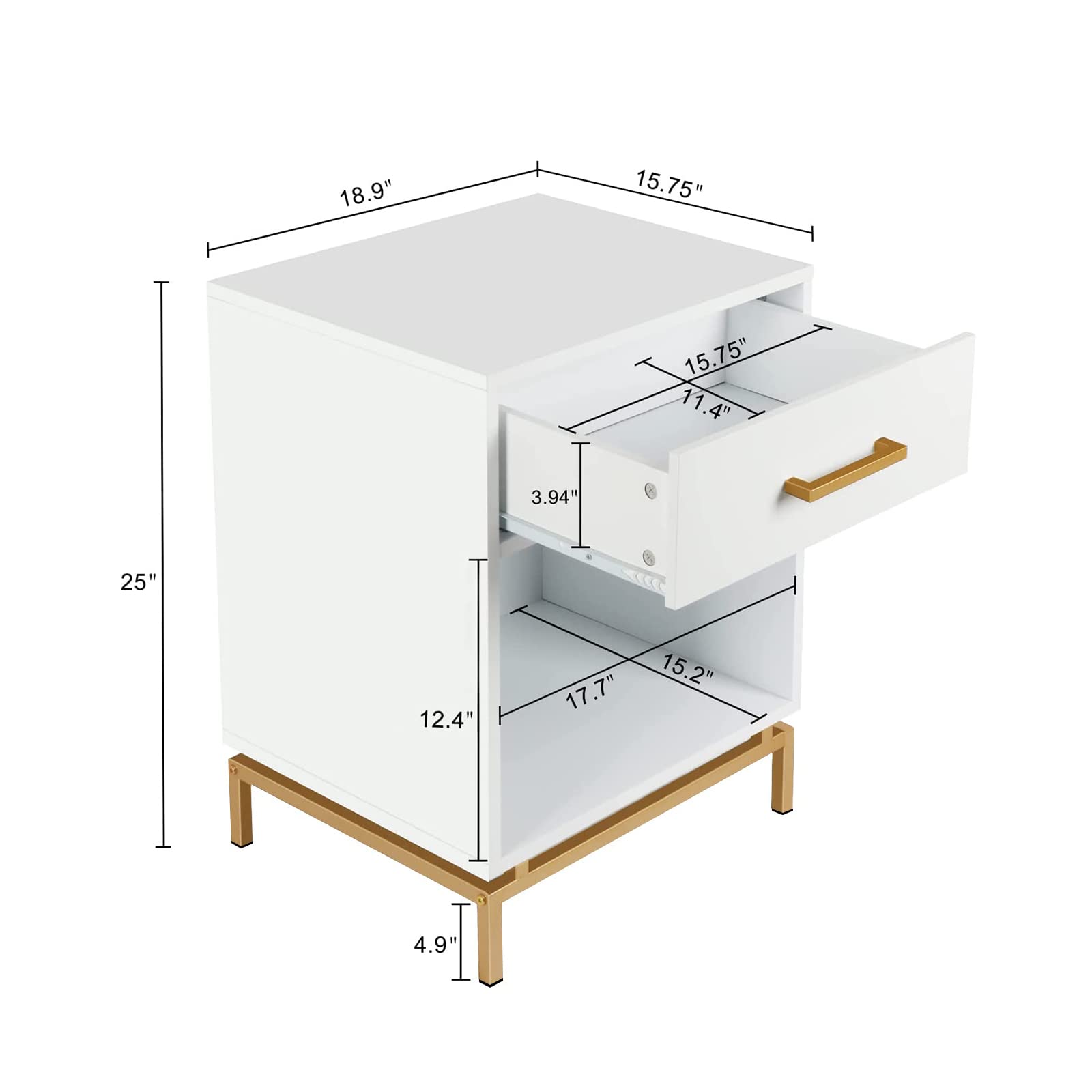 Anmytek White Nightstand, Modern Night Stand with Drawer and Shelf, Wood Bedside Table with Metal Legs, End Side Table for Bedroom, Dorm, Small Spaces, 25" Tall