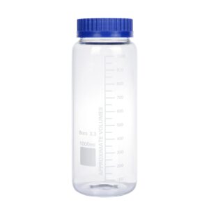 pastein 2 pack 1000 ml wide mouth graduated round borosilicate reagent media/storage lab glass bottle with gl70 blue polypropylene screw cap