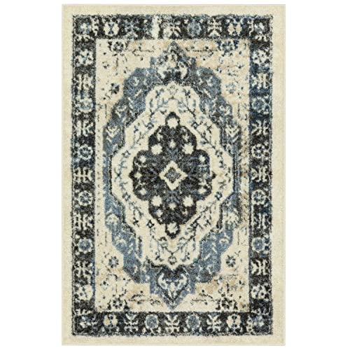 Maples Rugs Caprice Boho Medallion Trellis Kitchen Rugs Non Skid Accent Area Carpet [Made in USA], Neutral/Blue, 2'6" x 3'10"