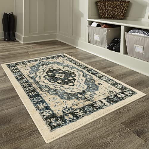 Maples Rugs Caprice Boho Medallion Trellis Kitchen Rugs Non Skid Accent Area Carpet [Made in USA], Neutral/Blue, 2'6" x 3'10"