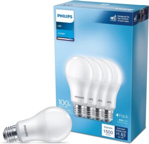 philips led basic frosted a19 non-dimmable, eye comfort technology, 450 lumen, daylight(5000), 5.5w=40w, e26 base, 4pk