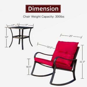 Domi 3 Piece Rocking Chair Patio Bistro Set Balcony Chairs Iron Conversation Sets Outdoor Furniture with Glass Coffee Table for Porch Poolside Lawn (Red, Curved Armrest)