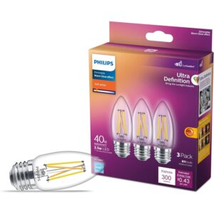 philips led flicker-free clear dimmable b11 light bulb - eyecomfort technology - 500 lumen - soft white (2700k) - 5w=60w - e26 base - title 20 certified - ultra definition - indoor - 3-pack